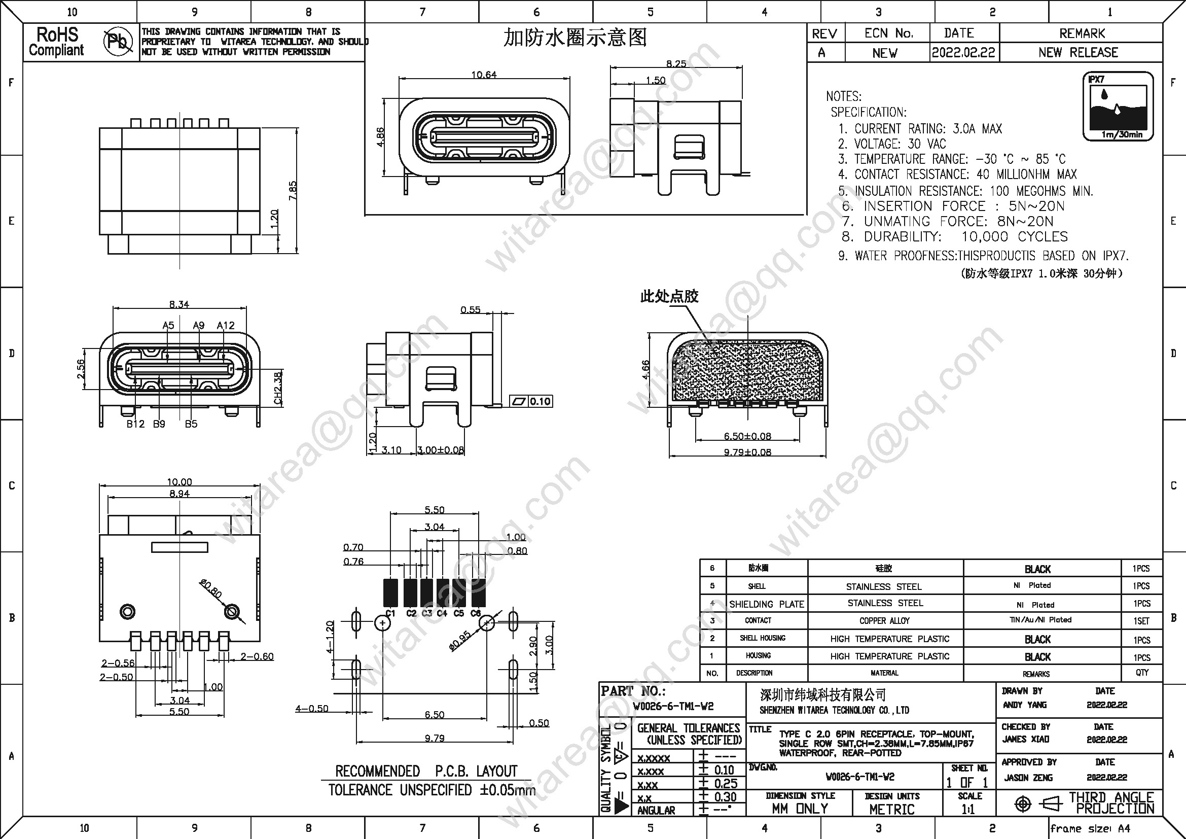 Professional IP67 waterproof usb c 6pin connector , Type c 6pin top ...