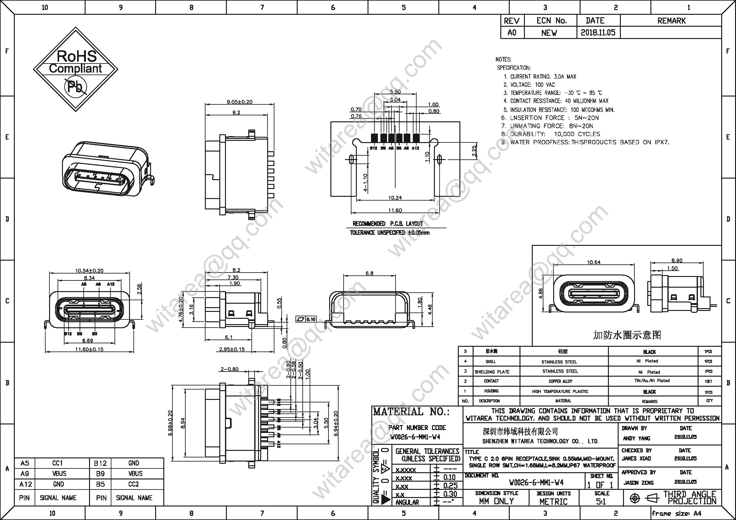 Professional waterproof IPX7 usb c 6pin connector, type c 6pin female ...