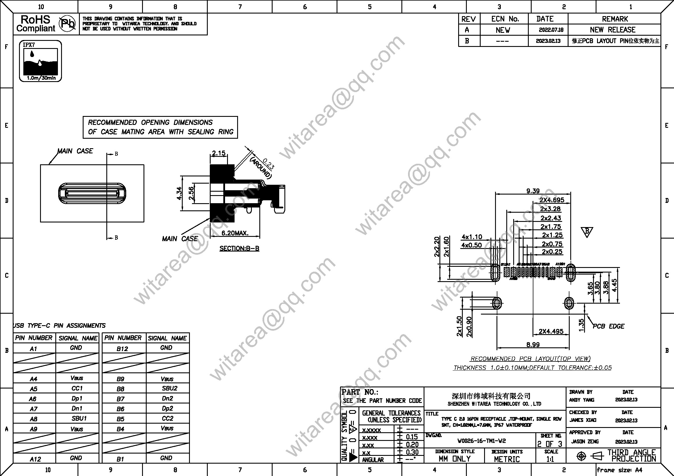 Professional waterproof usb c 16pin connector ch=1.82mm L=7.6mm ...