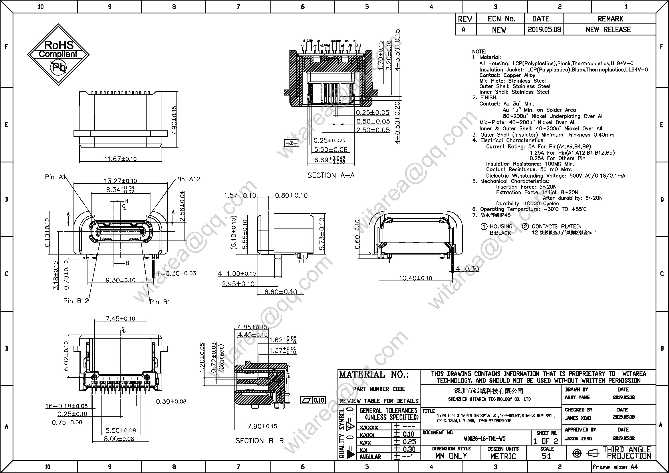 Professional waterproof usb c 16pin connector. IP45 waterproof type c ...