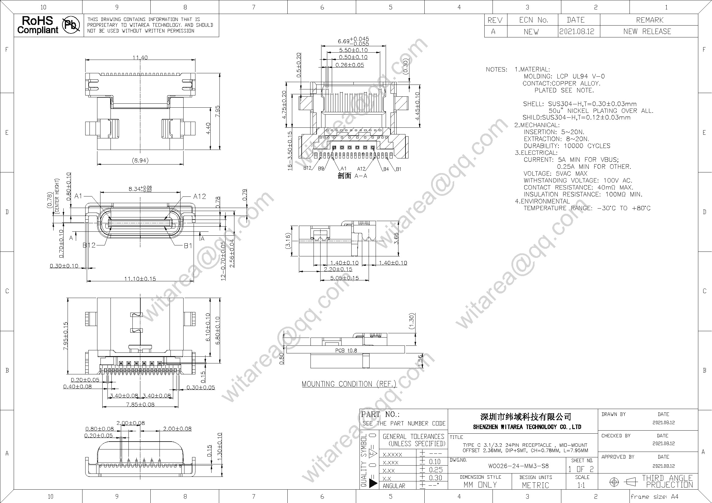 Usb3.1 Type c female Receptacle. 24pin Heavy duty power USB type c DIP ...