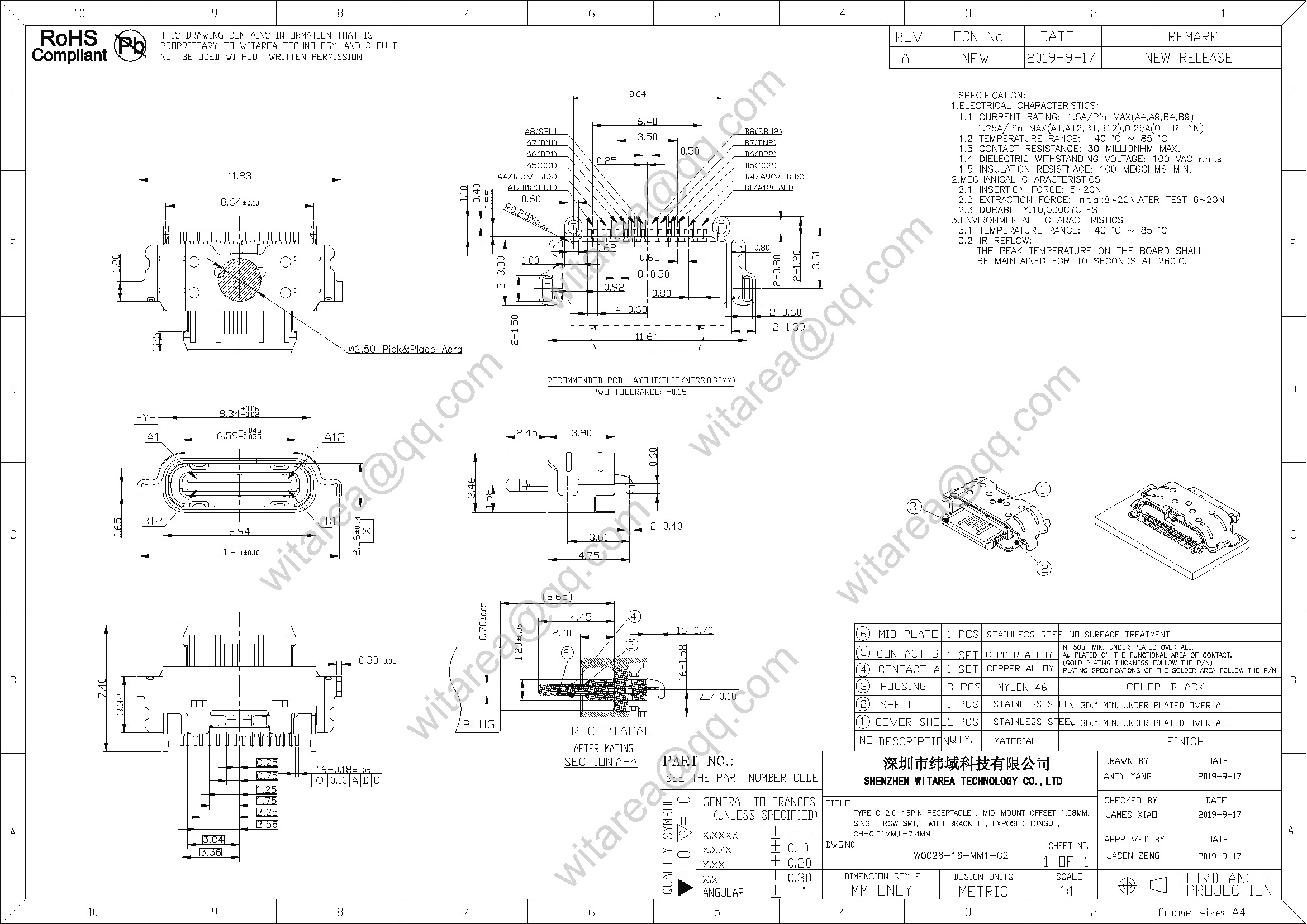 Professional USB 2.0 16pin Type C Receptacle ,Heavy duty power USB C ...