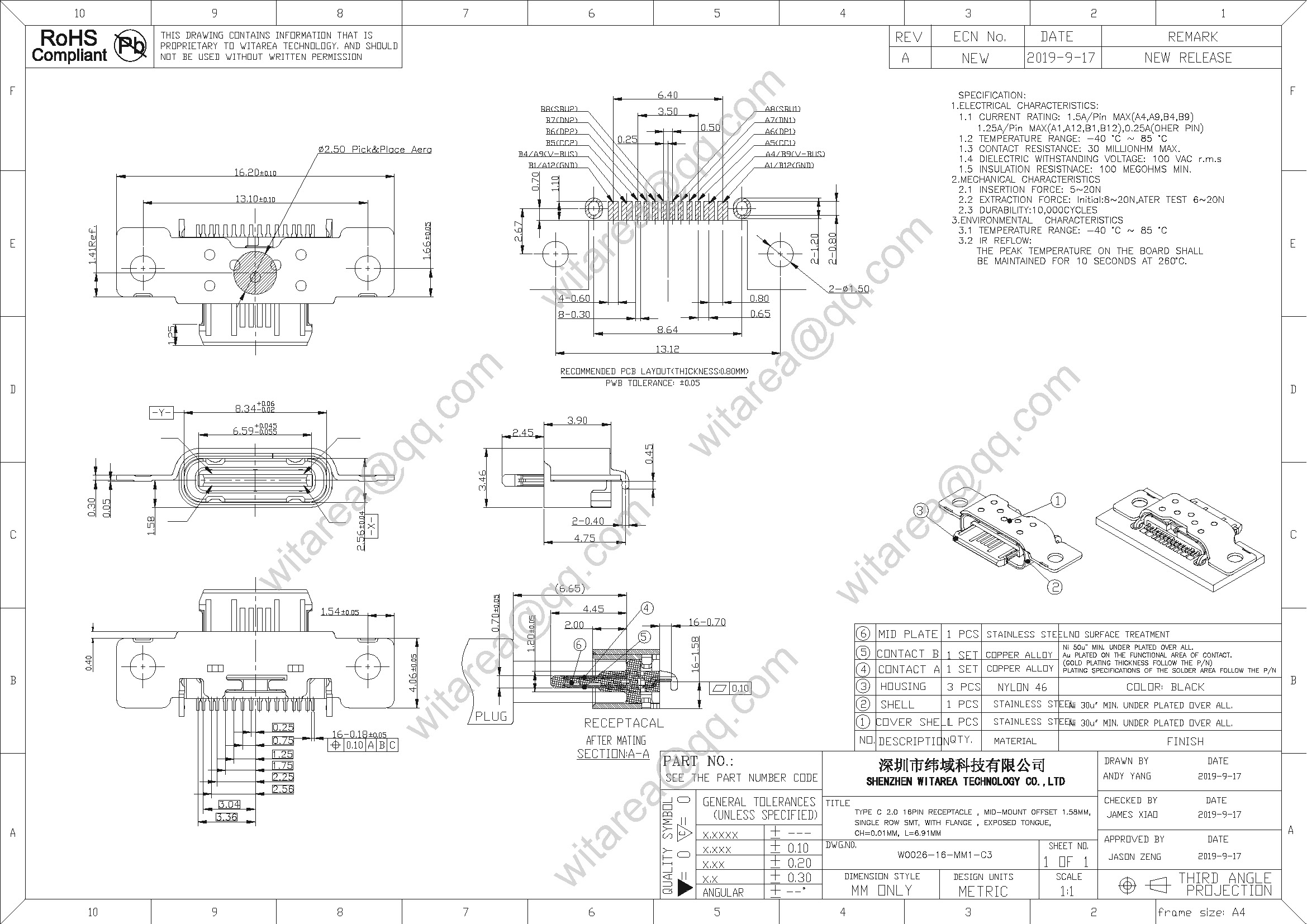 Professional SMT usb c 16pin female Receptacle , Mid-mount offset type ...